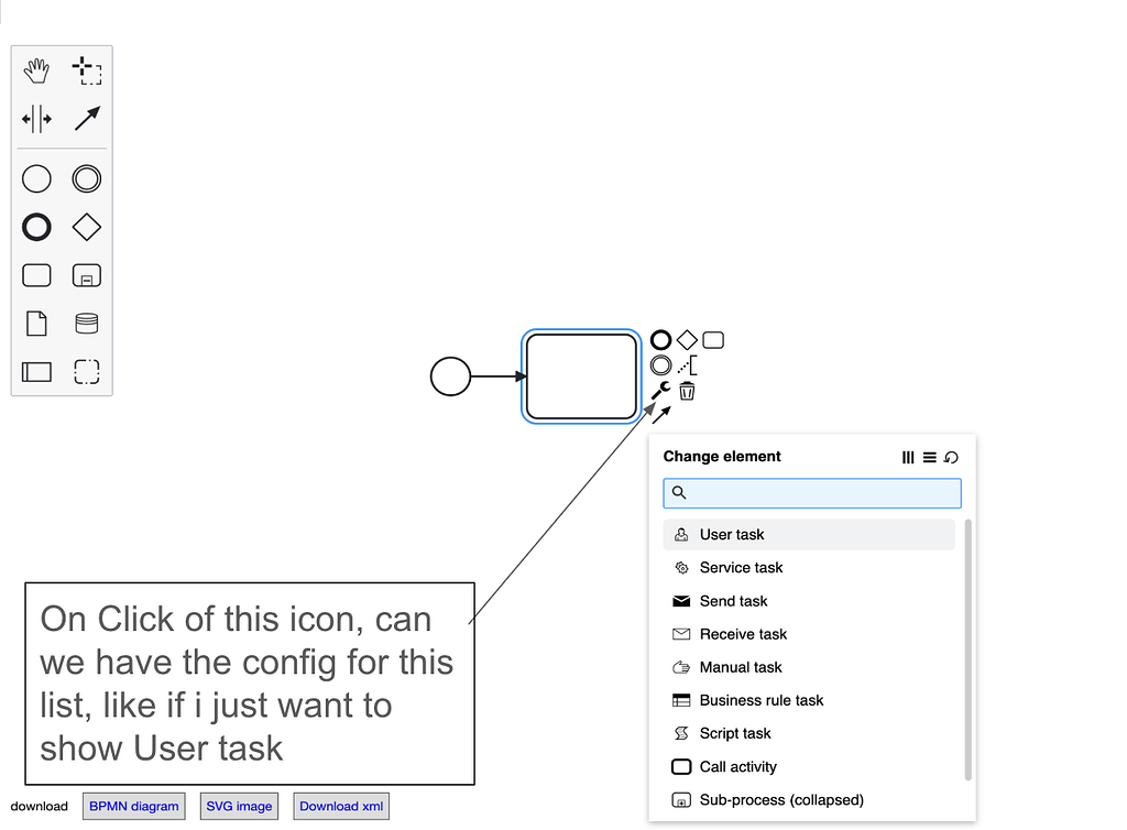 On click of element setting, can we have the control on list of options such as User task, Send ...