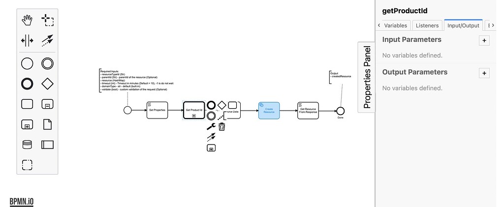 To add Input/Output parameter properties panel tab for process Element - Modeler - bpmn.io Forum